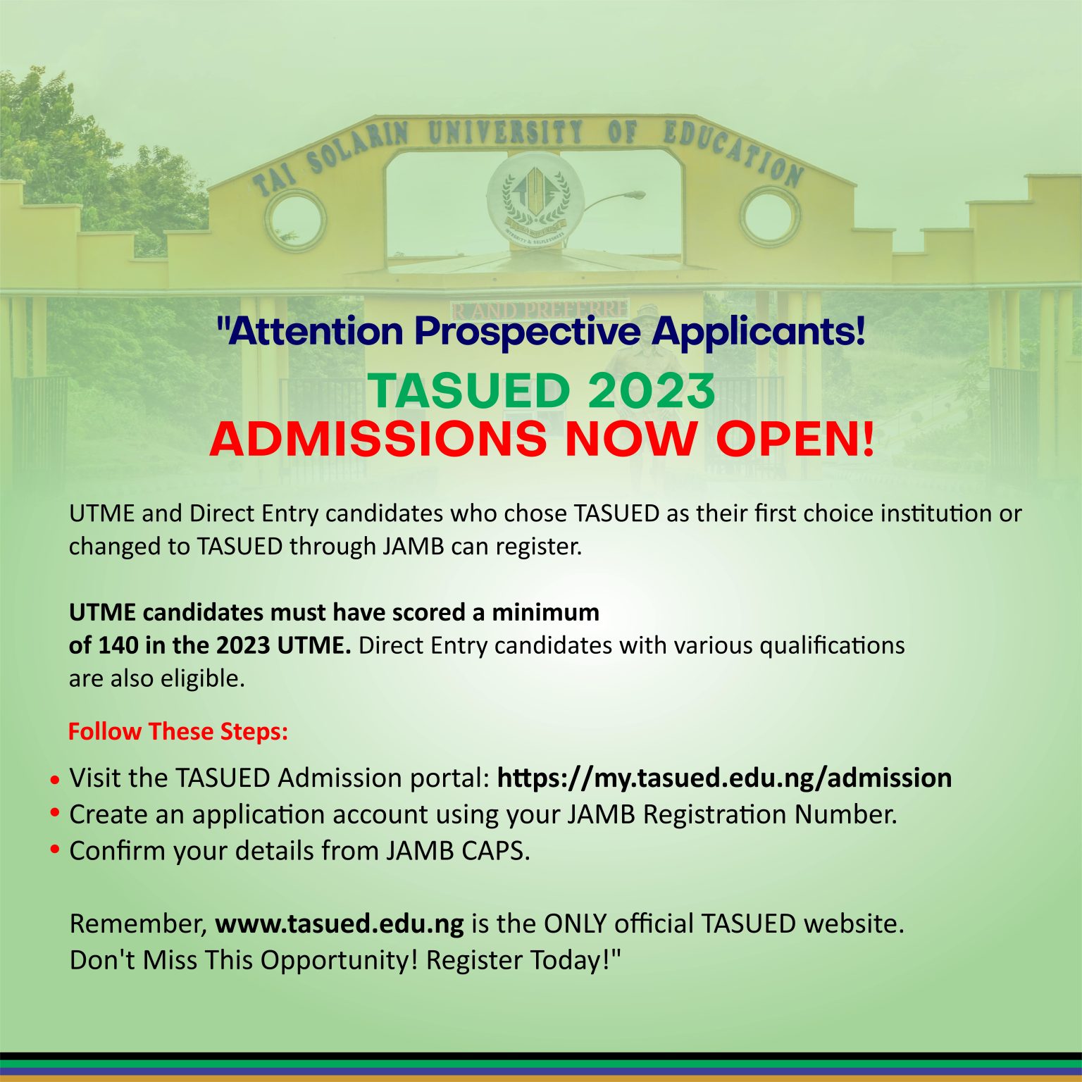 ADMISSION NOTICE: 2023/2024 SESSION – Tai Solarin University of Education