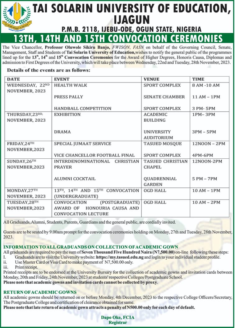Invitation: 13th, 14th & 15th Convocation Ceremonies – Tai Solarin ...