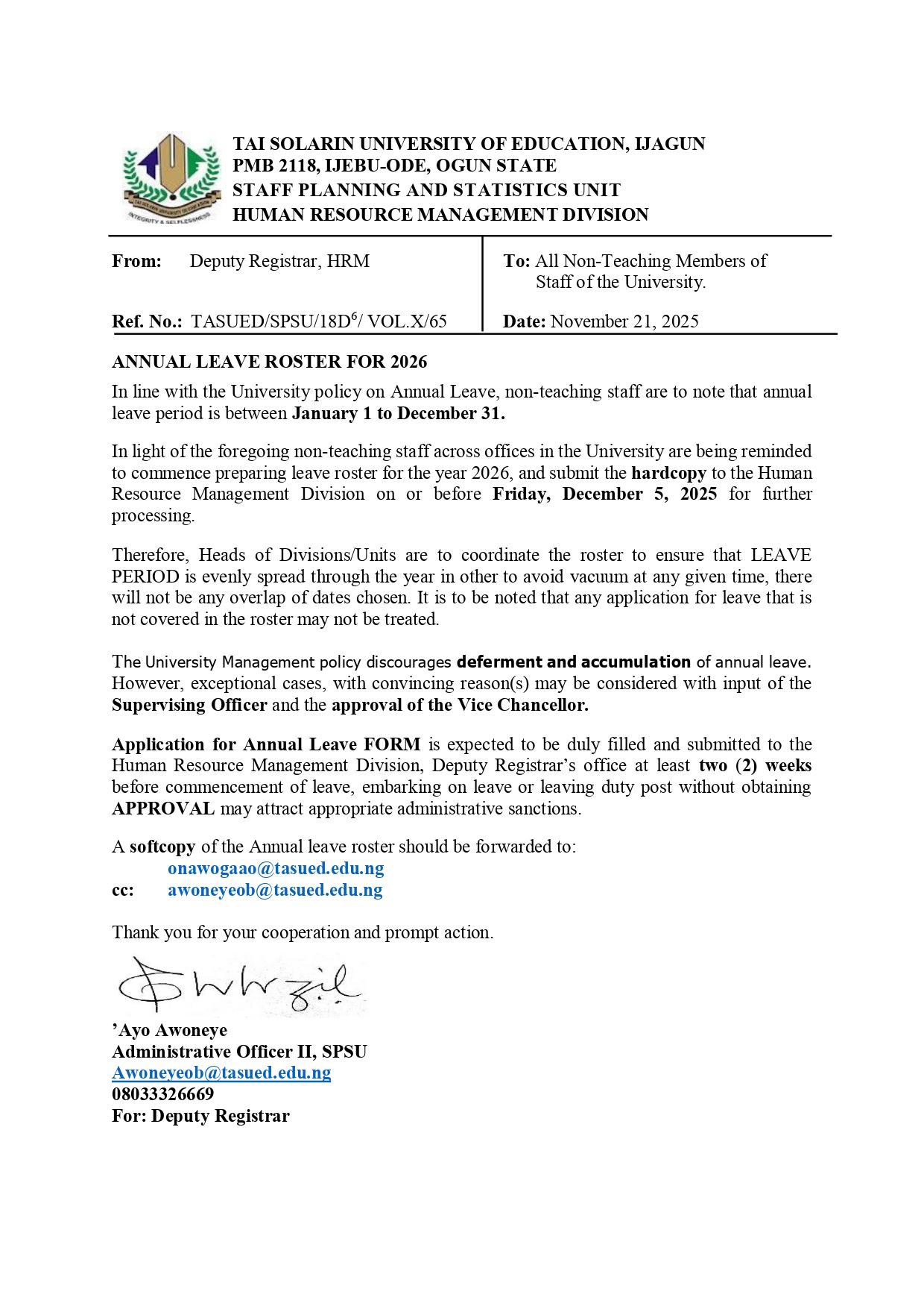 ANNUAL LEAVE ROSTER FOR 2026 – Tai Solarin University of Education